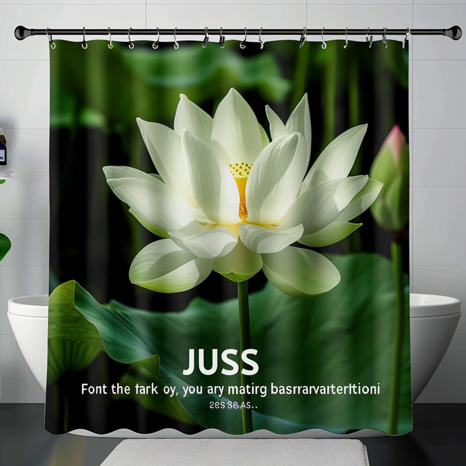 Lotus-Inspired Bathroom Set: Black Shower Curtain with Vibrant White ...