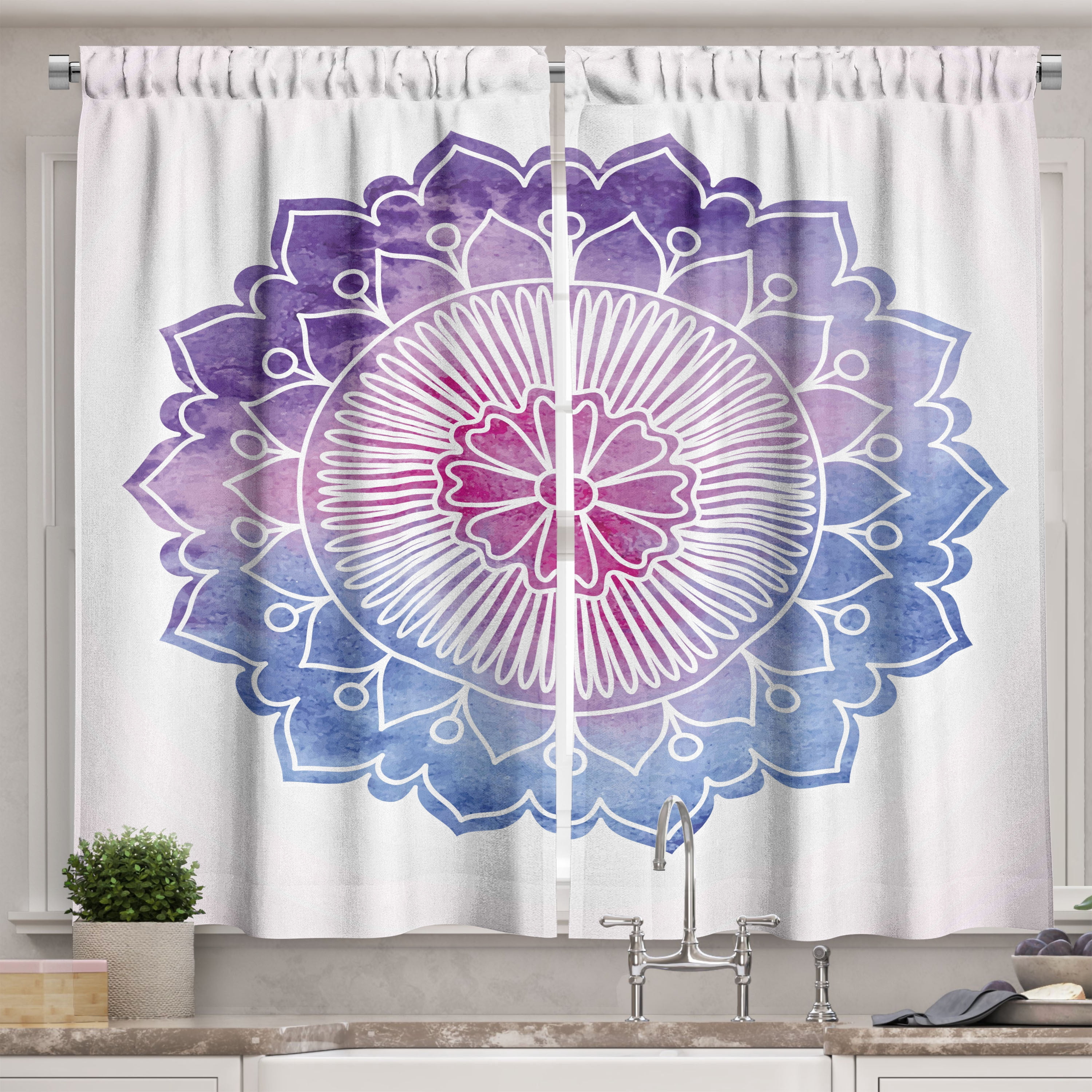 Lotus Kitchen Curtains, Doodle Style Watercolor Flower Bloom Secret Lifestyle Pattern, Two ...