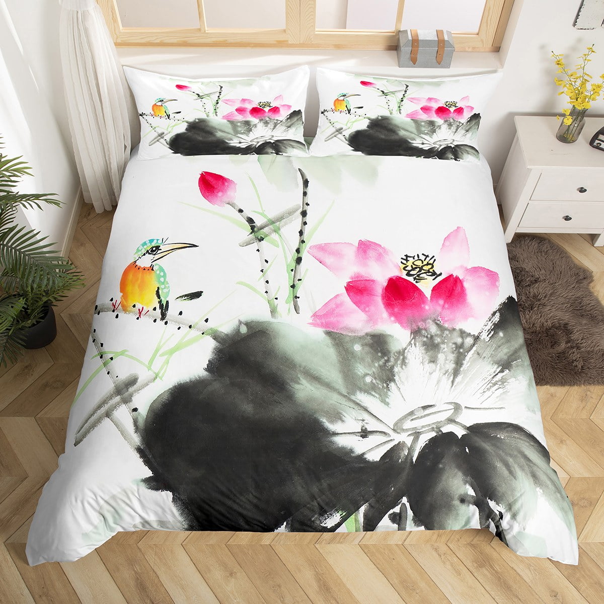 Lotus And Leaf Duvet Cover Queen Ink Painting Style Bedding Set For ...