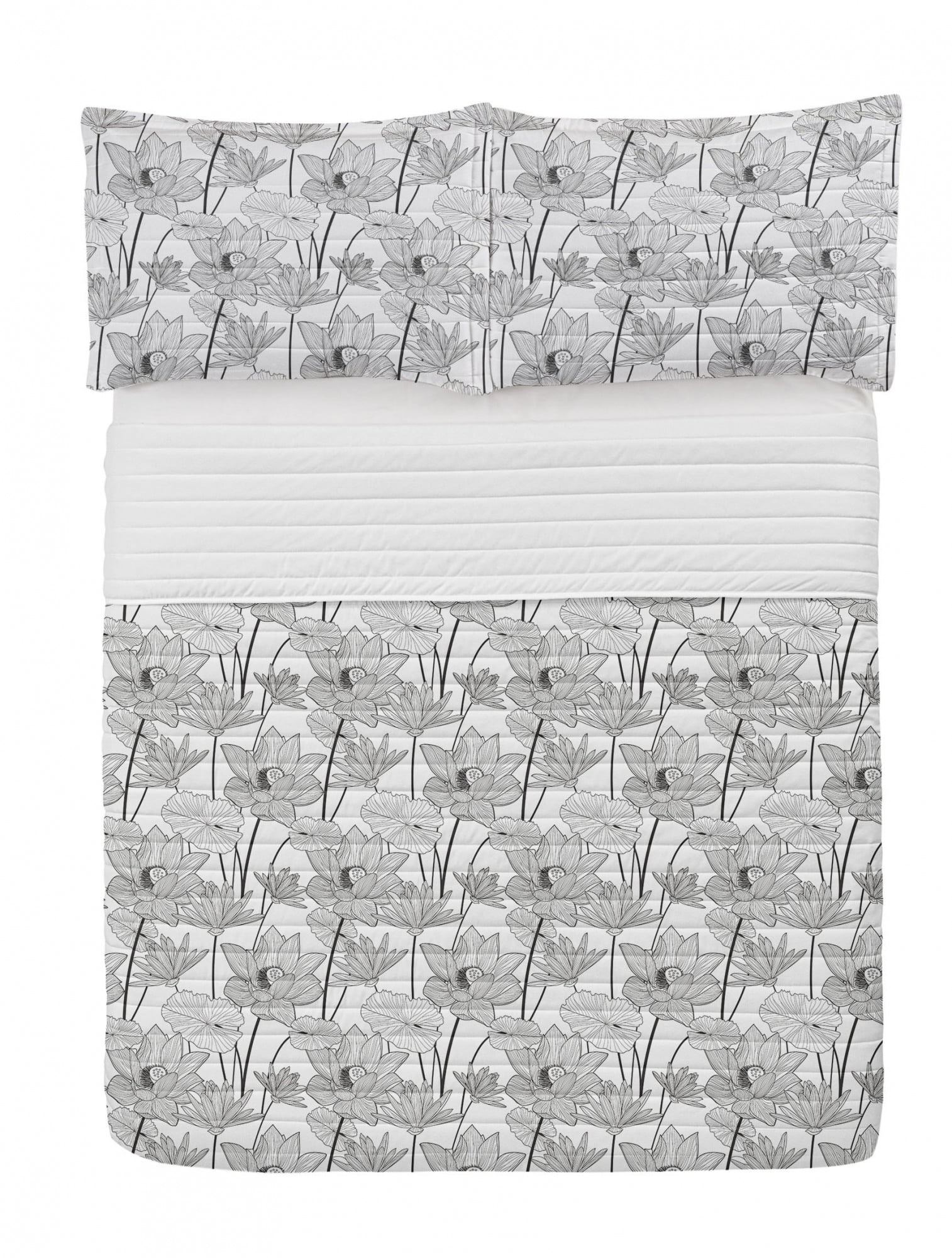 Lotus Microfiber Bedspread Set, Sketch Style Illustration Flowers Japan ...