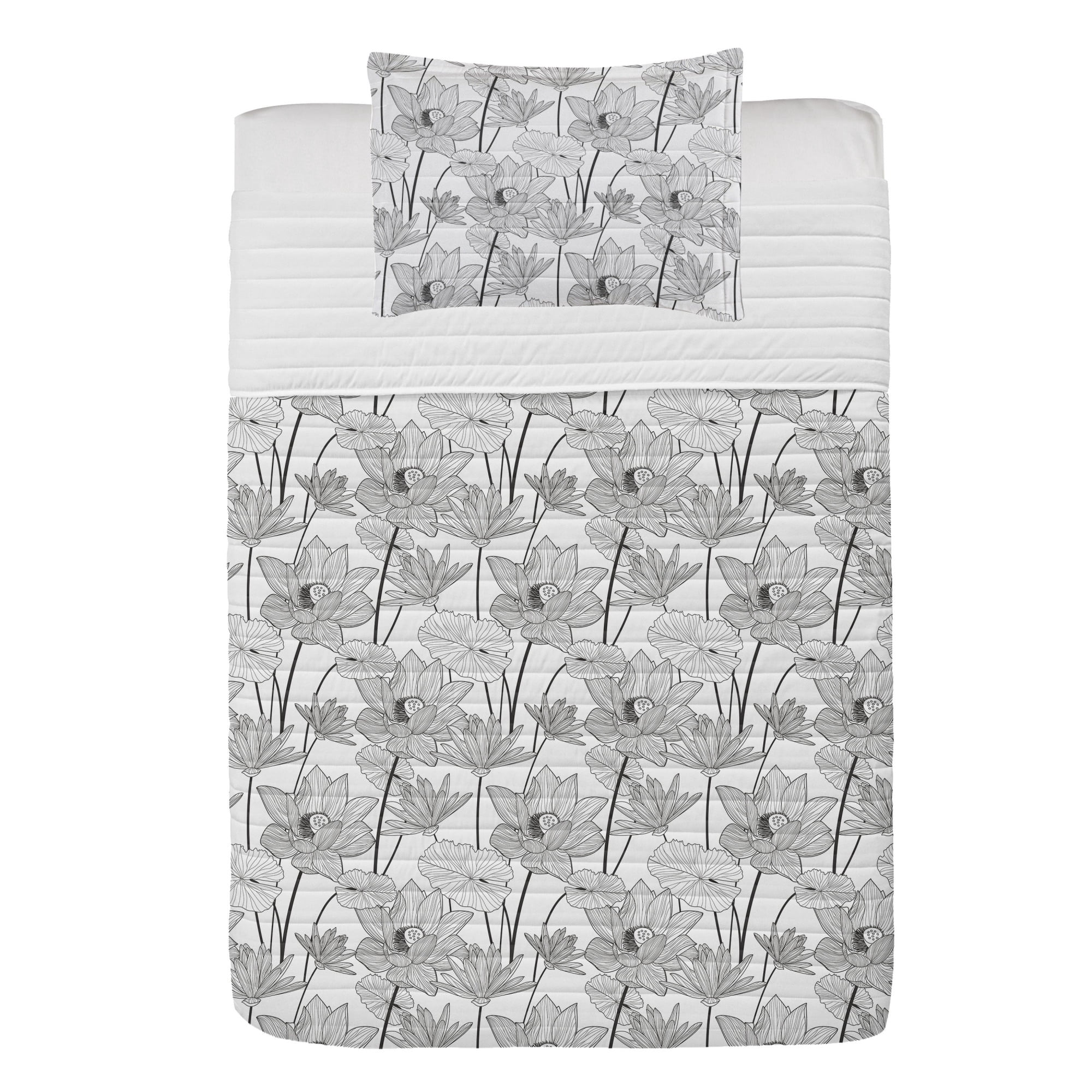 Lotus Microfiber Bedspread Set, Sketch Style Illustration Flowers Japan ...