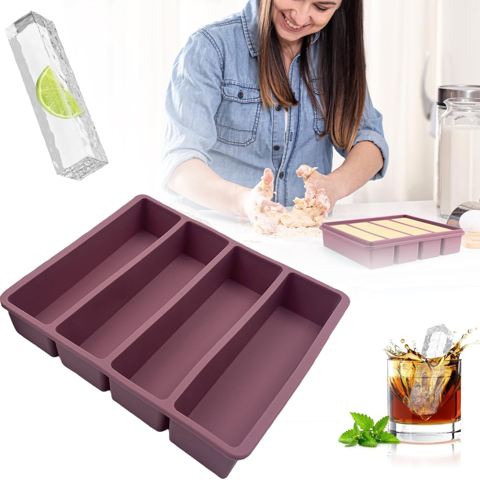 Lotus Pink Silicone Butter Mold Tray, Long Rectangular Ice Cube Tray ...