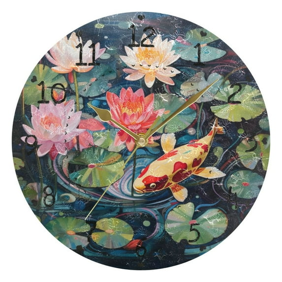 Lotus Pond and Fish Round Wall Clock Silent Battery Operated Home Decor ...
