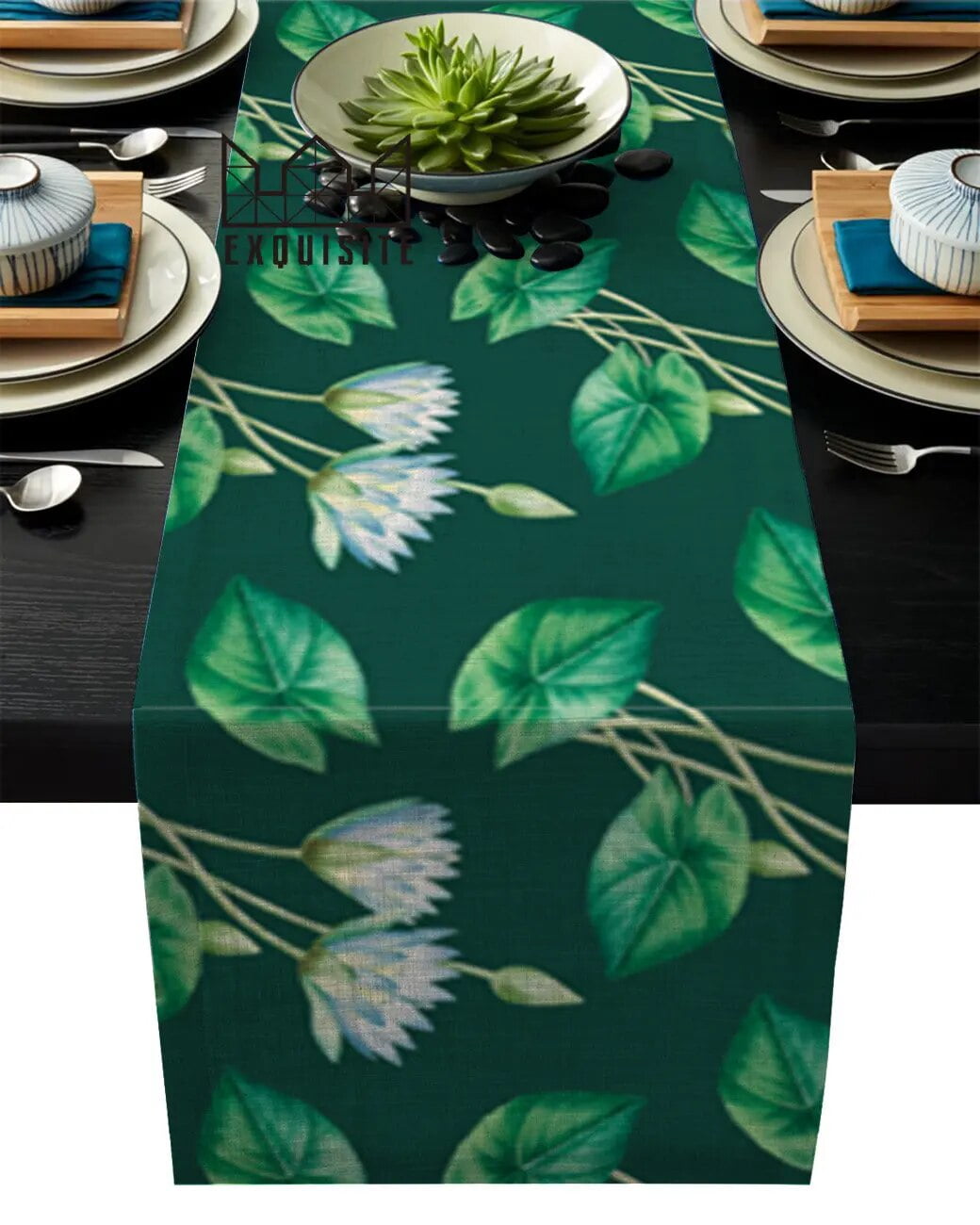 Lotus Retro Flowers Green Plant Table Runners For Wedding Party ration ...