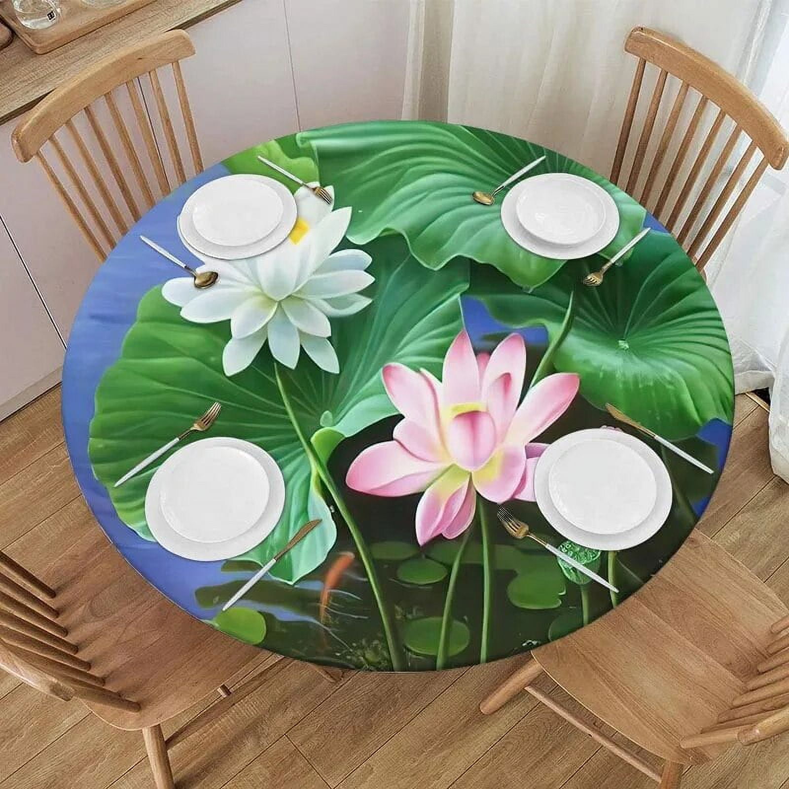 Lotus Round Tablecloths for Dining Table Flower Elastic Fitted Table ...
