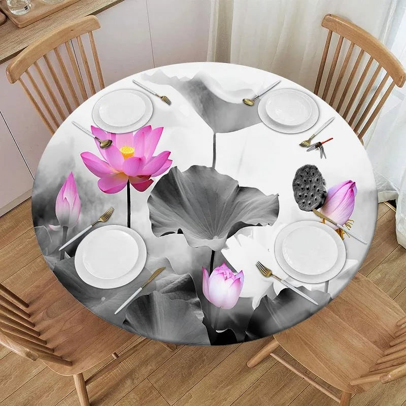 Lotus Round Tablecloths for Dining Table Flower Elastic Fitted ...