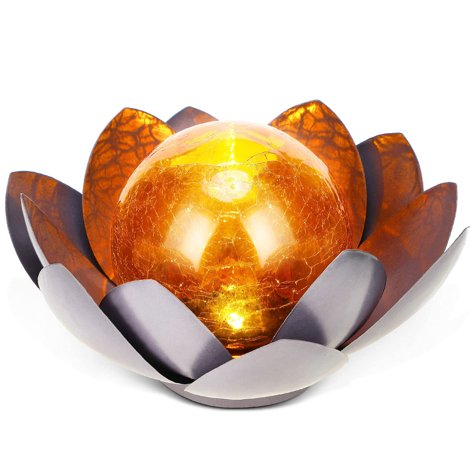 Lotus Solar Lights Outdoor Garden Decor Amber Crackle Globe Glass ...