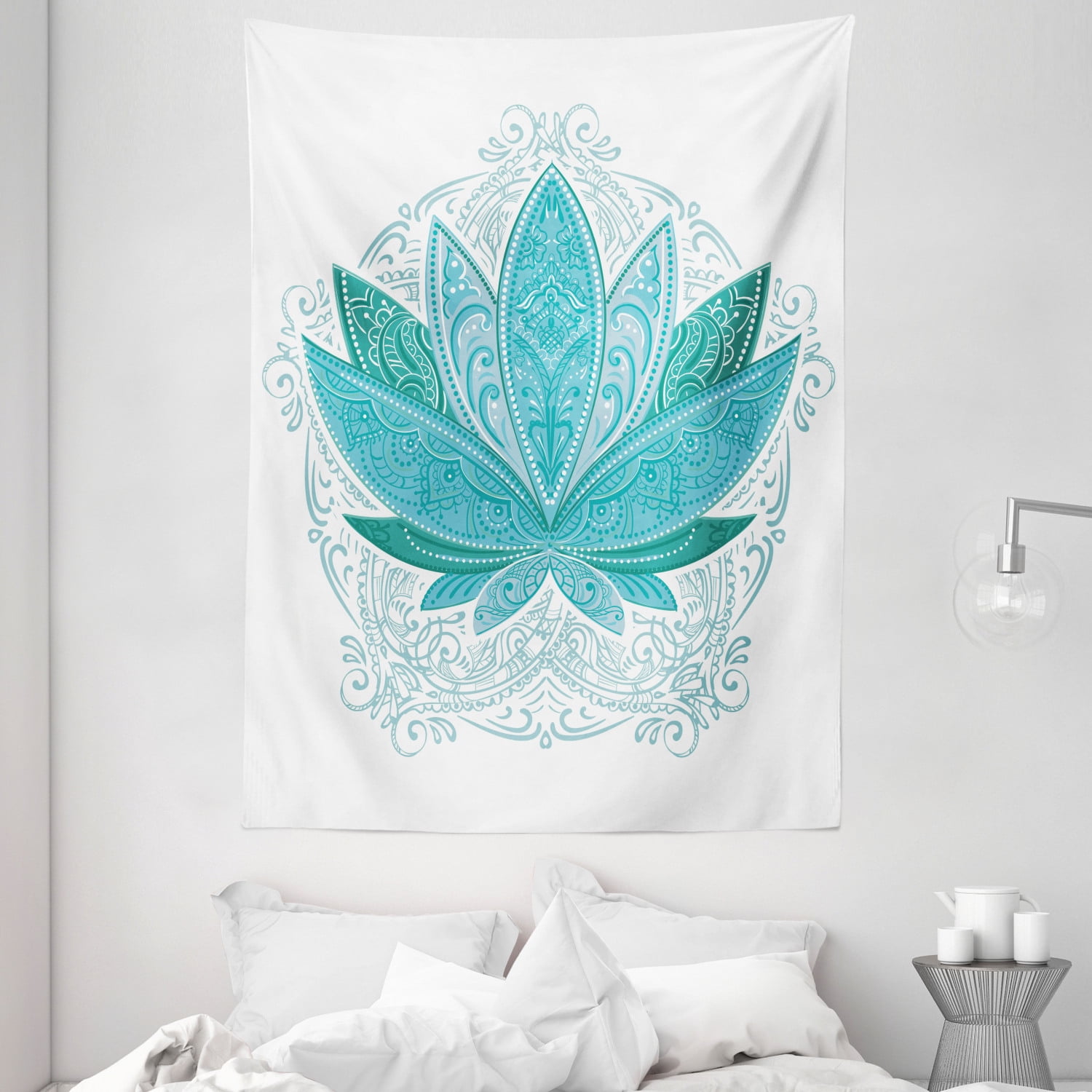 Lotus Tapestry, Lotus Flower with Ornaments Ethnic Exotic Petals Mehndi ...