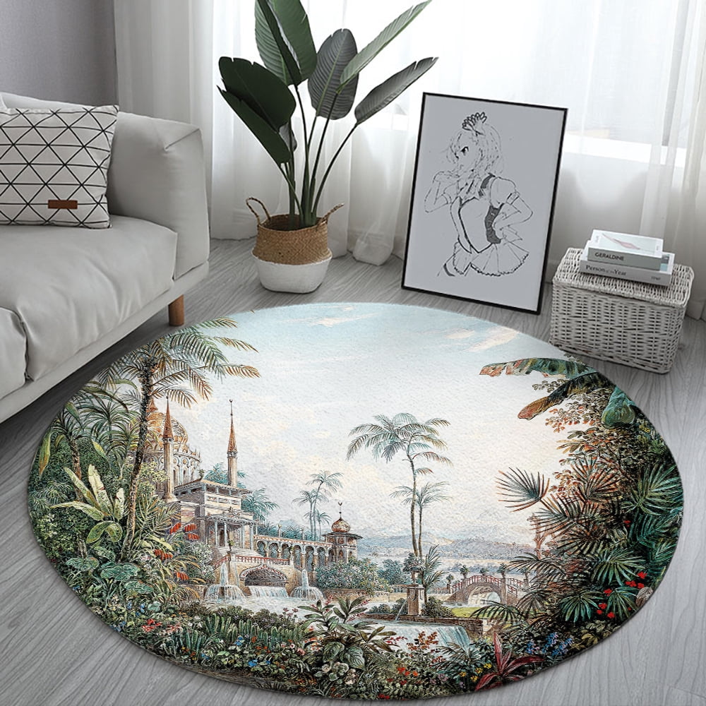 Lotus Tropical Jungle Landscape Pattern Circular Carpet Home Living ...