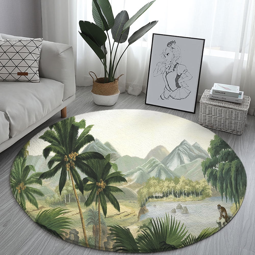 Lotus Tropical Jungle Landscape Pattern Circular Carpet Home Living ...