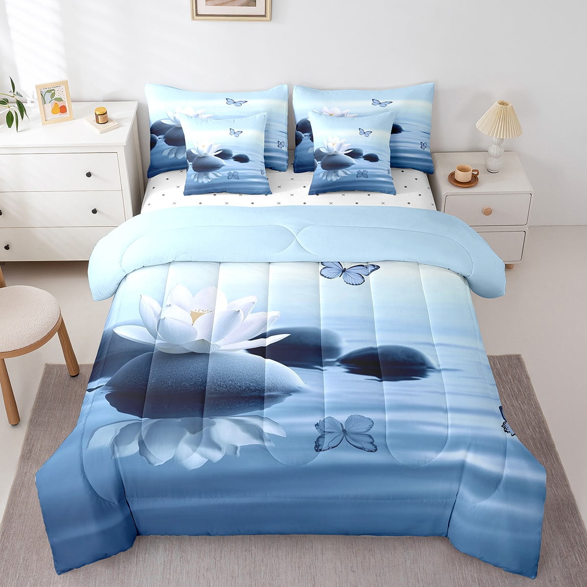 Lotus Water Lily Floral Bed in a Bag Queen,Animal Butterfly Comforter ...