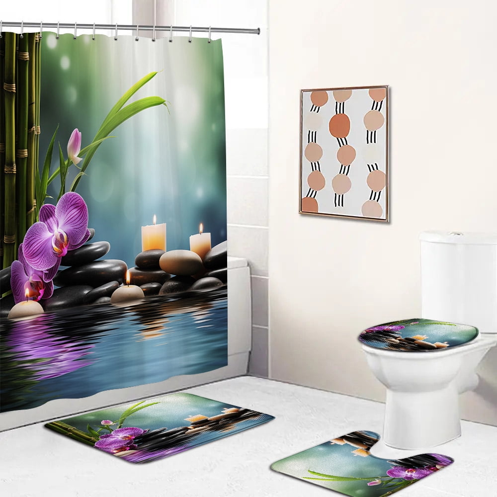 Lotus Zen Shower Curtains Bamboo Sts Meditation Cartoon Lotus Lake ...