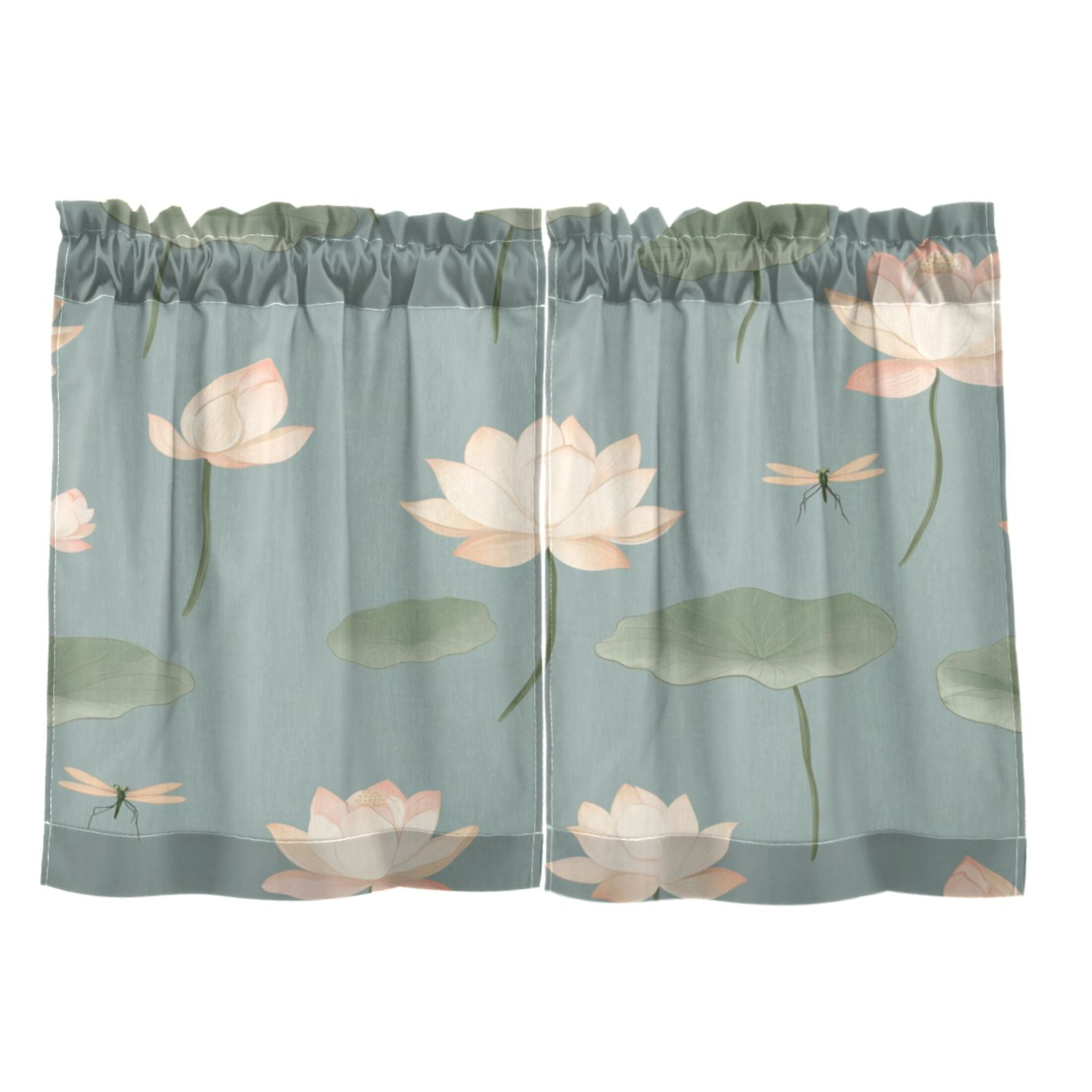 Lotus and Water Lily Pattern 27"x24" Linen Look Cafe Curtain Set with ...
