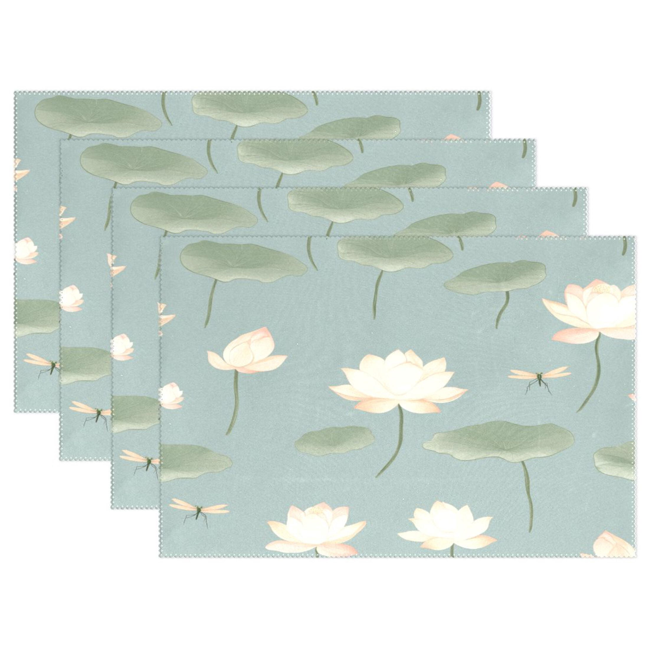 Lotus and Water Lily Pattern 4-Piece 12x18in Heat-Proof Place Mats Set ...