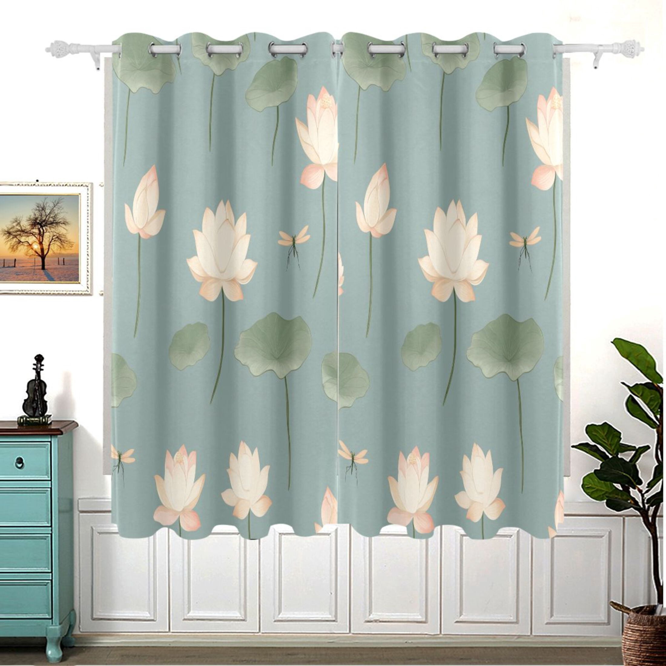 Lotus and Water Lily Pattern Thermal Blackout Curtains 63x55 Inch 2 ...