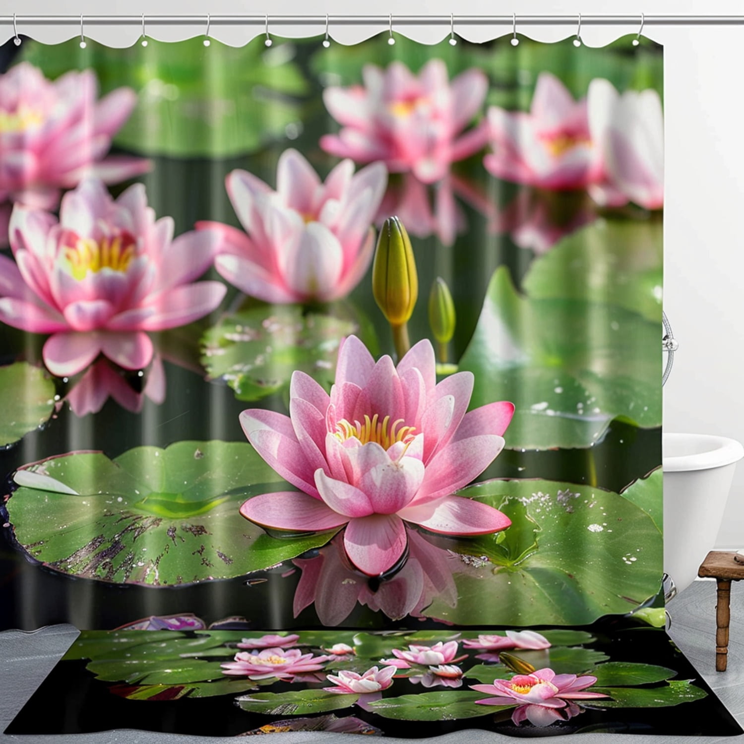 Lotus And Water Lily Shower Curtain Set With Pink And Green Floral
