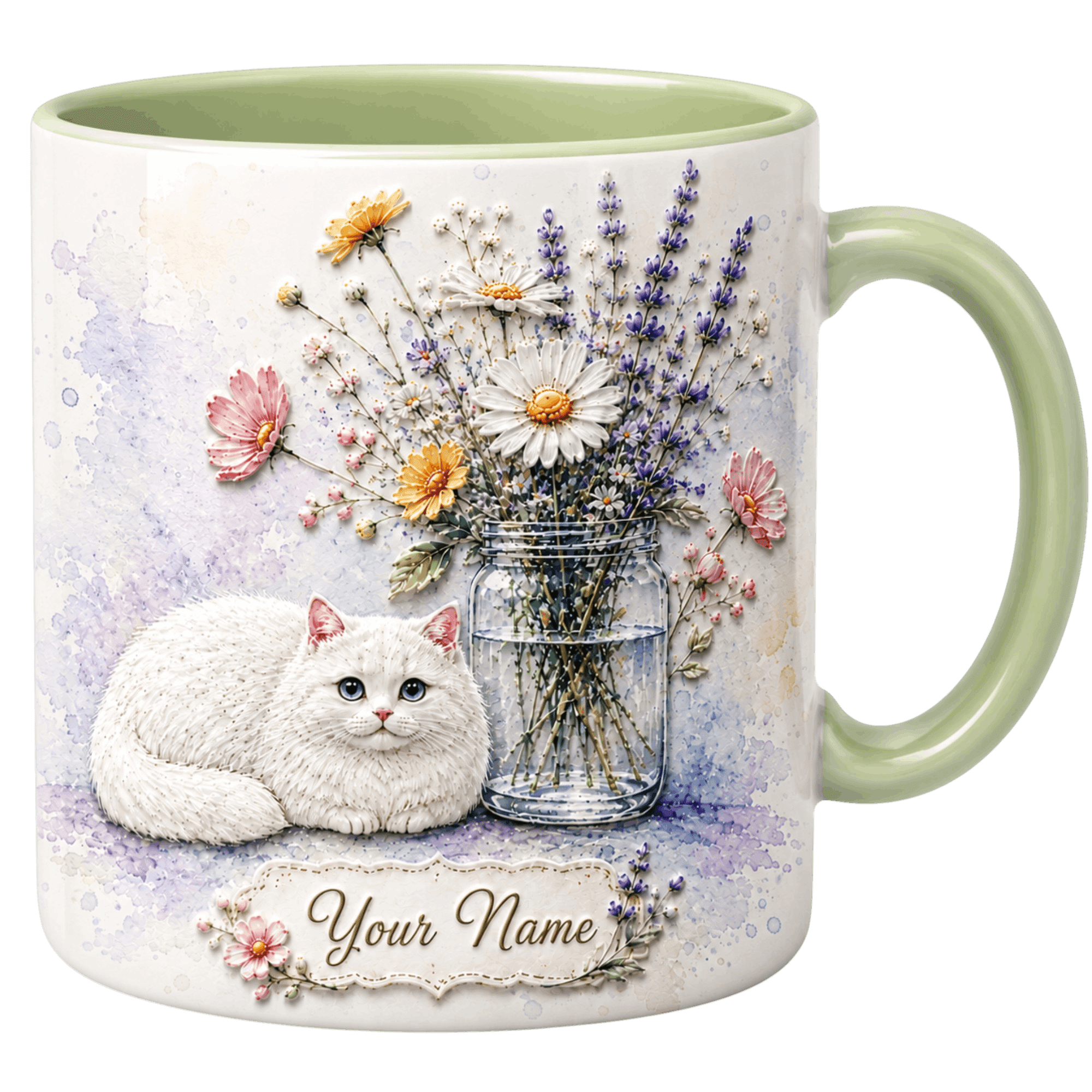 Lotusprint LLC Personalized White Cat Floral 2D Print Flat Accent Mug ...