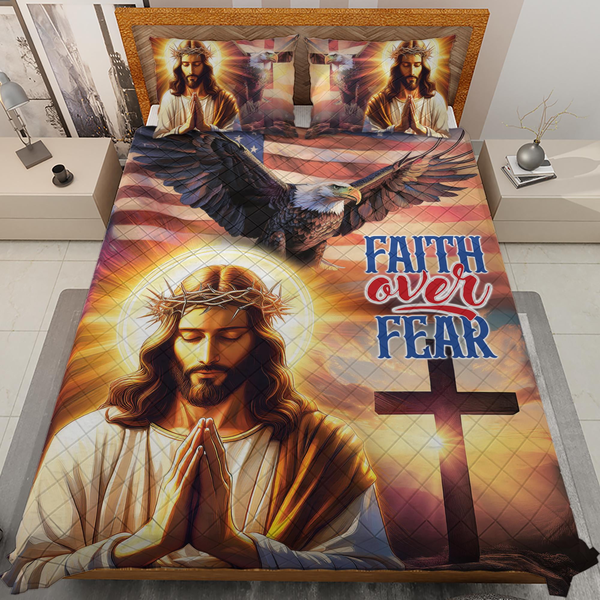 Lotusprinthandmade America Flag Eagle Jesus Quilt Bedding Set (White ...