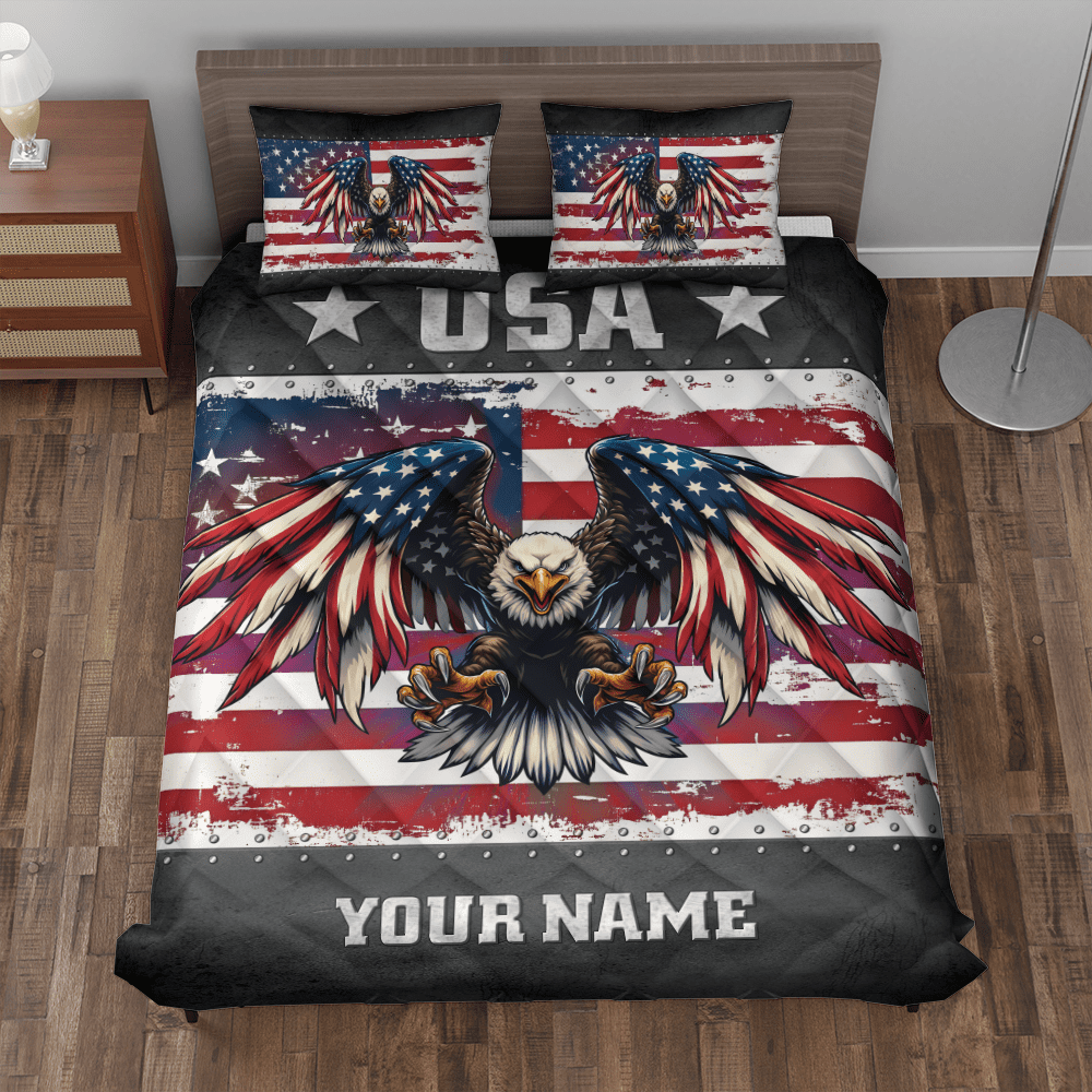 Lotusprinthandmade America Flag Eagle Patriotic Quilt Bedding Set (Fold Hem) 5 Sizes (Made in ...
