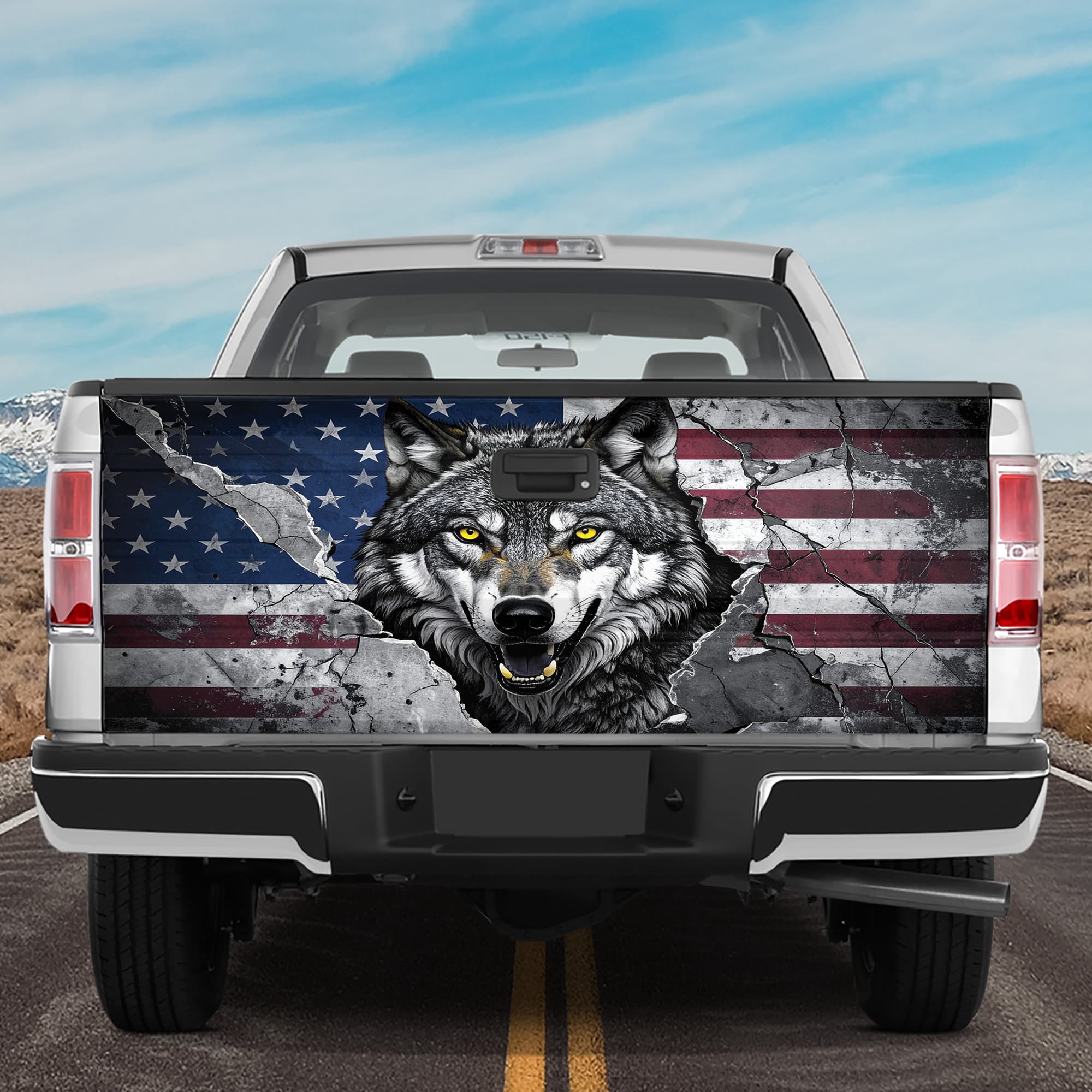 Lotusprinthandmade America Flag Wolf 3D Tailgate Wrap 2 Sizes (26"x66 ...