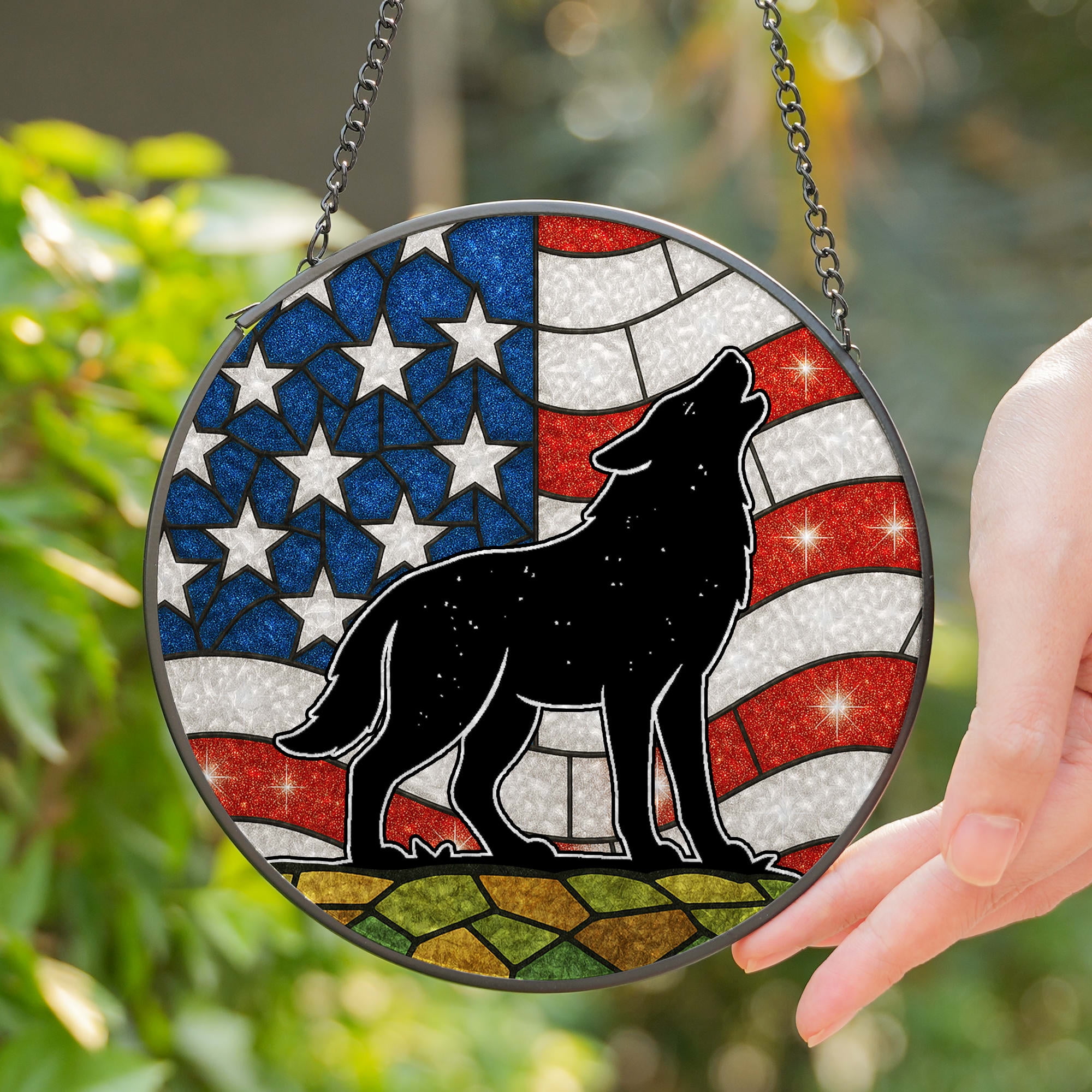 Lotusprinthandmade America Flag Wolf Stained Glass Suncatcher for ...
