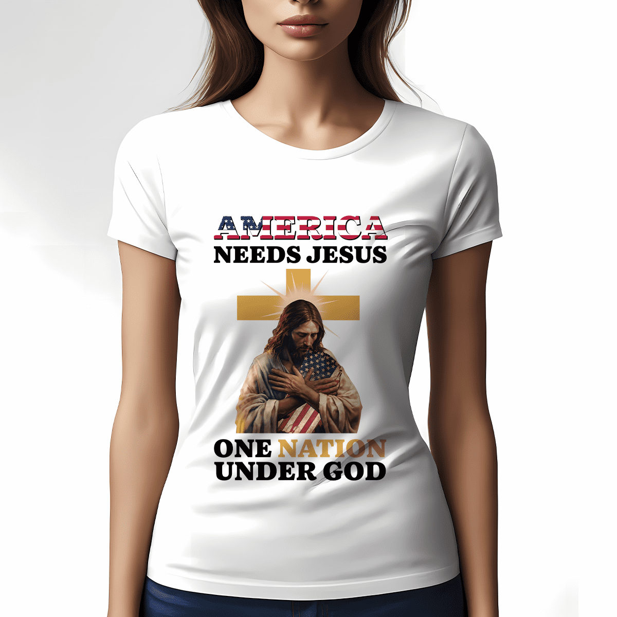 Lotusprinthandmade America One Nation Under God Jesus White Women's T ...