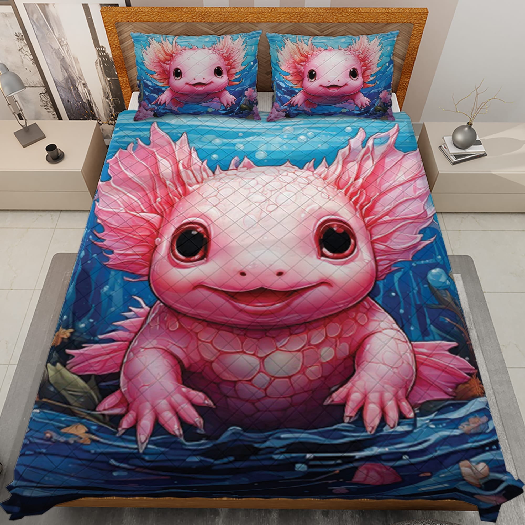 Lotusprinthandmade Axolotl Animal Quilt Bedding Set, White Binding ...