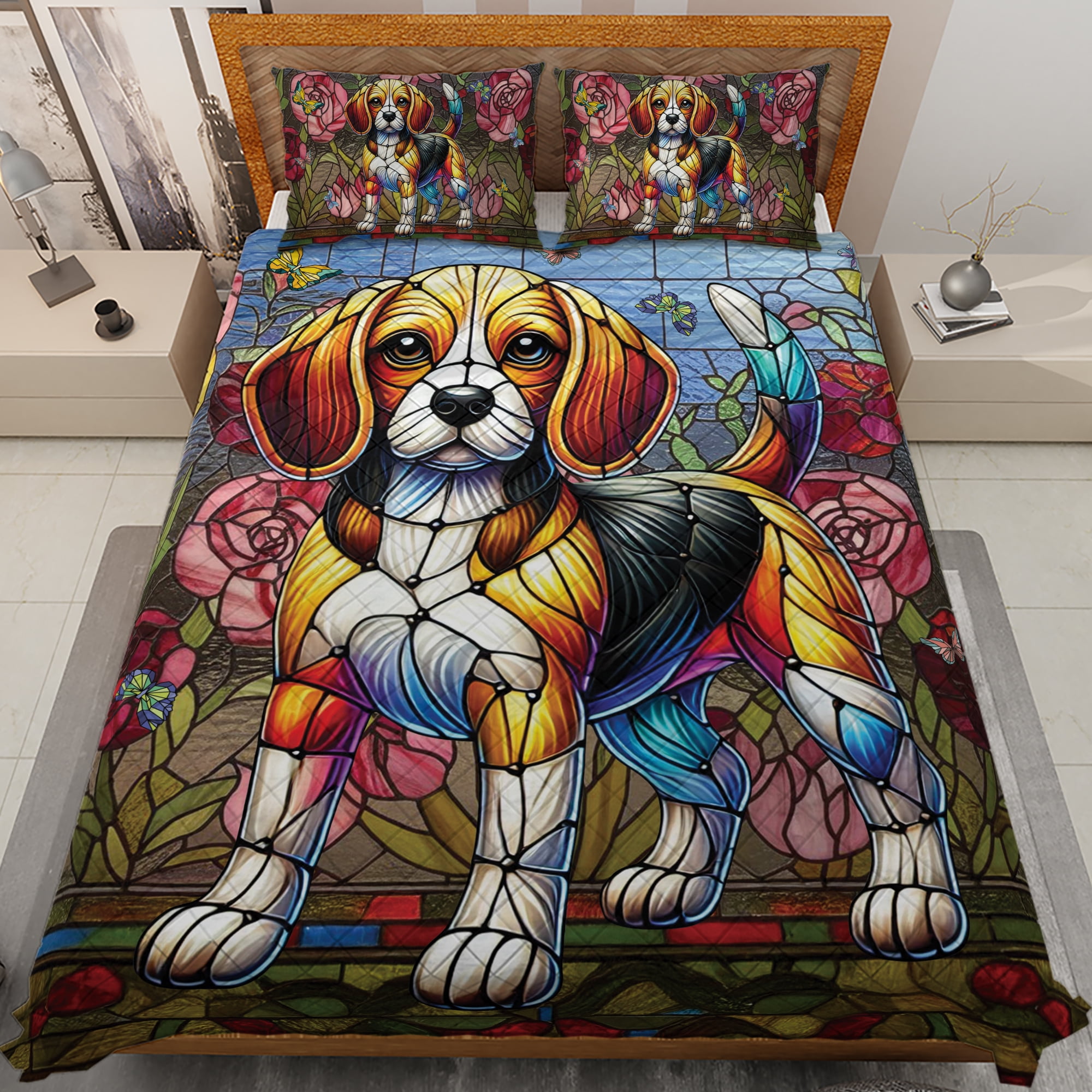 Lotusprinthandmade Beagle Dog 3D Quilt Bedding Set (White Binding) 5 ...