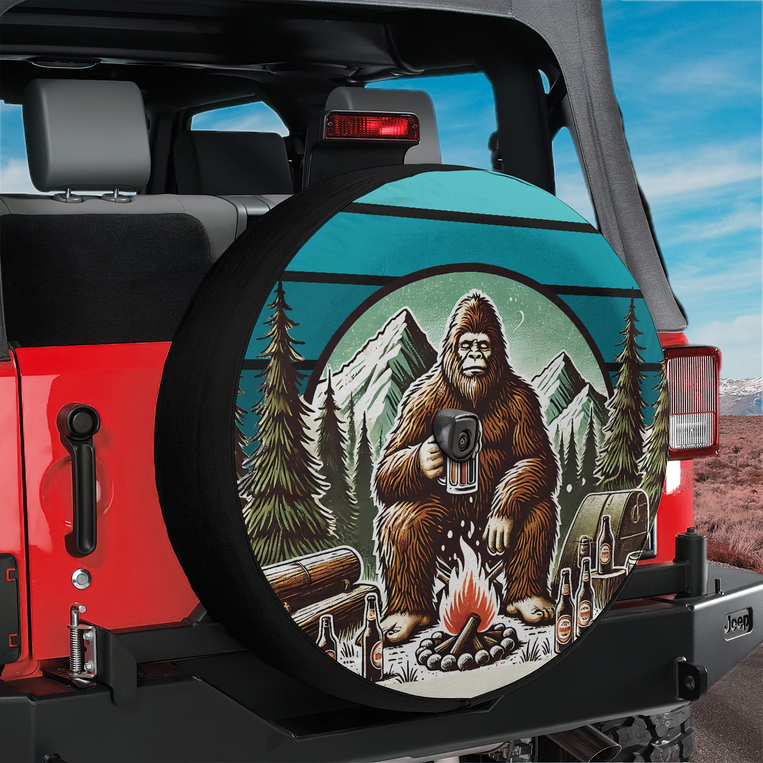 Lotusprinthandmade Bigfoot Camping with Beer Spare Tire Cover With ...