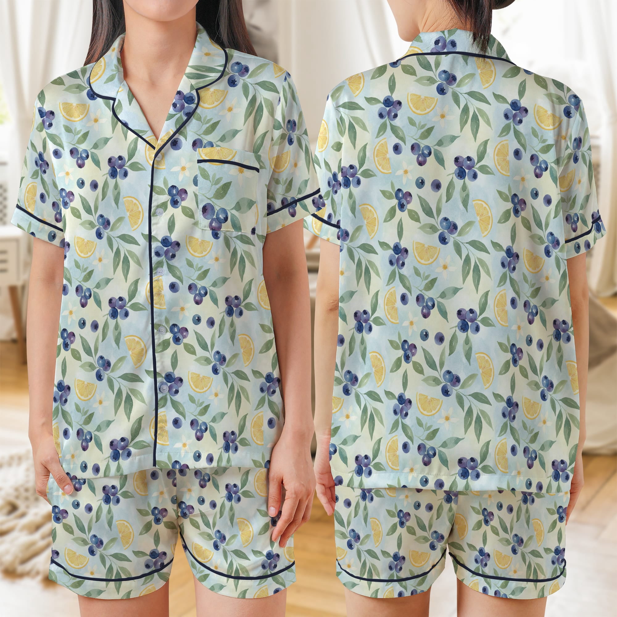 Lotusprinthandmade Blueberry & Lemon All-over Print Satin Short-Sleeve ...