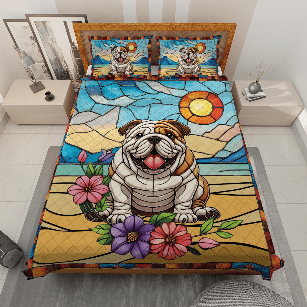 Lotusprinthandmade Bulldog Dog Pattern Quilt Bedding Set (White Binding ...