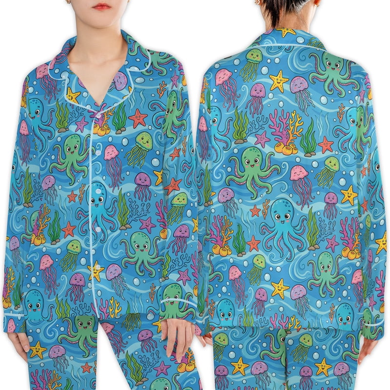 Lotusprinthandmade Cartoon Octopus and Jellyfish All-over Print Satin ...