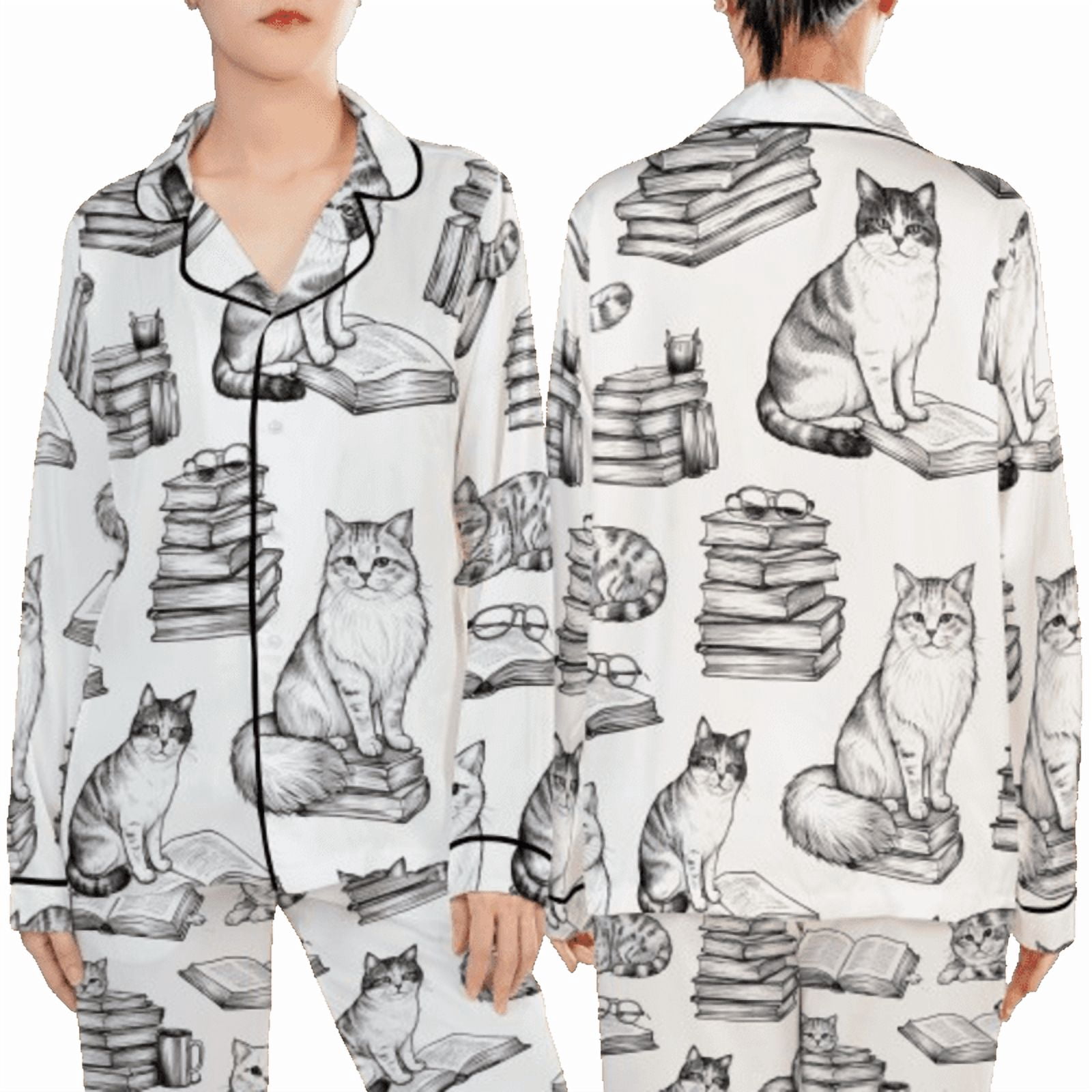 Lotusprinthandmade Cats and Books All-over Print Satin Pajamas Set (No ...