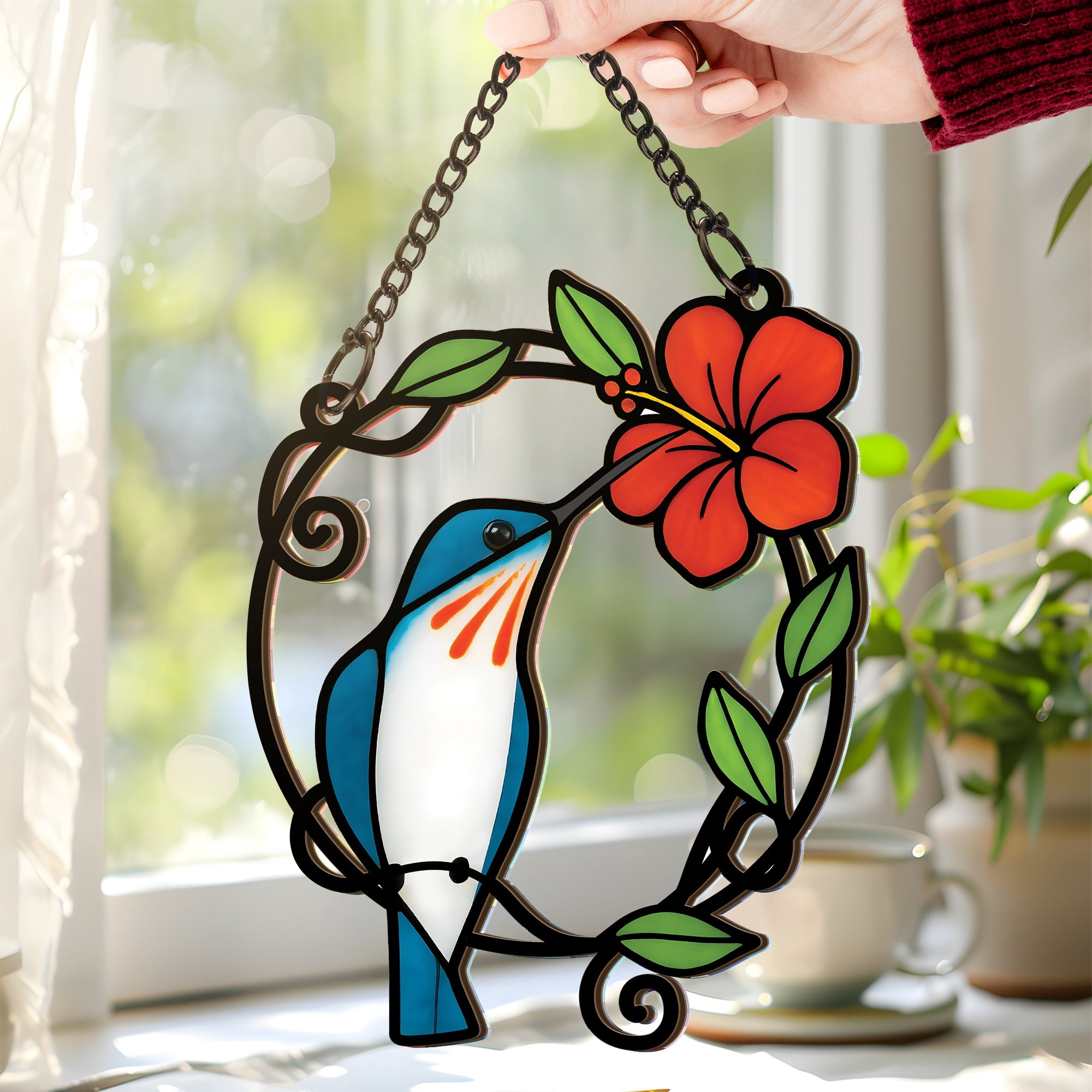 Lotusprinthandmade Colorful Hummingbird with Floral Custom Shape Window ...