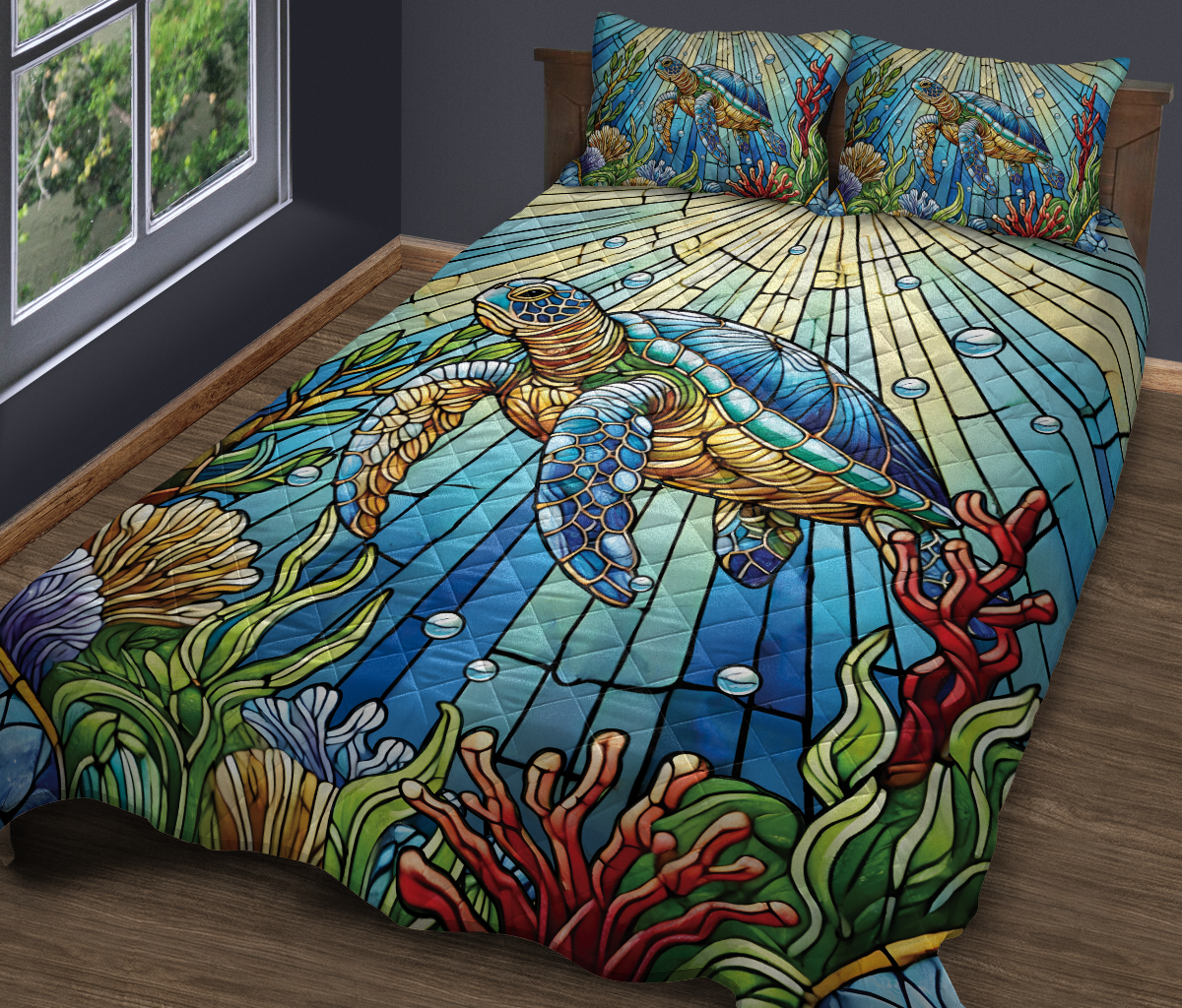 Lotusprinthandmade Colorful Sea Turtle Quilt Bedding Set (White Binding ...