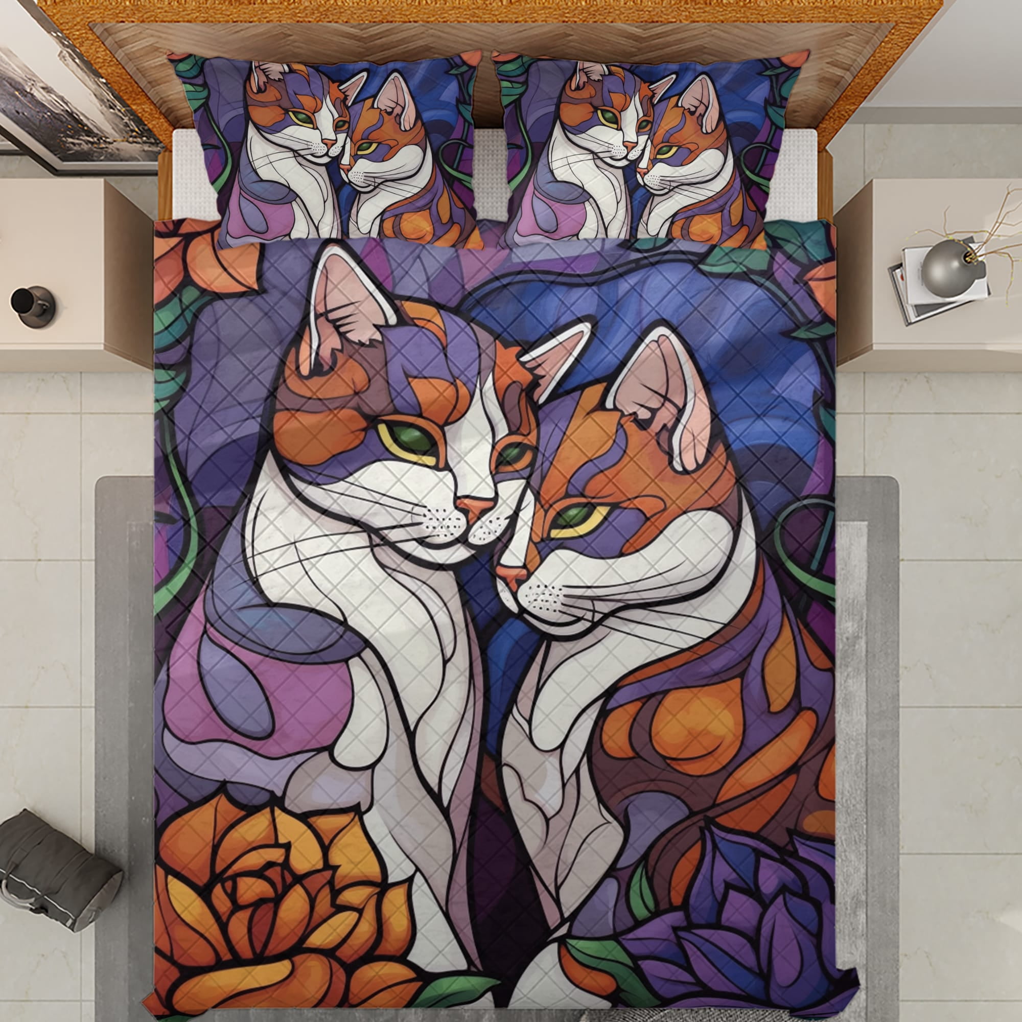 Lotusprinthandmade Couple Cat 3D Quilt Bedding Set (Fold Hem) 5 Sizes ...