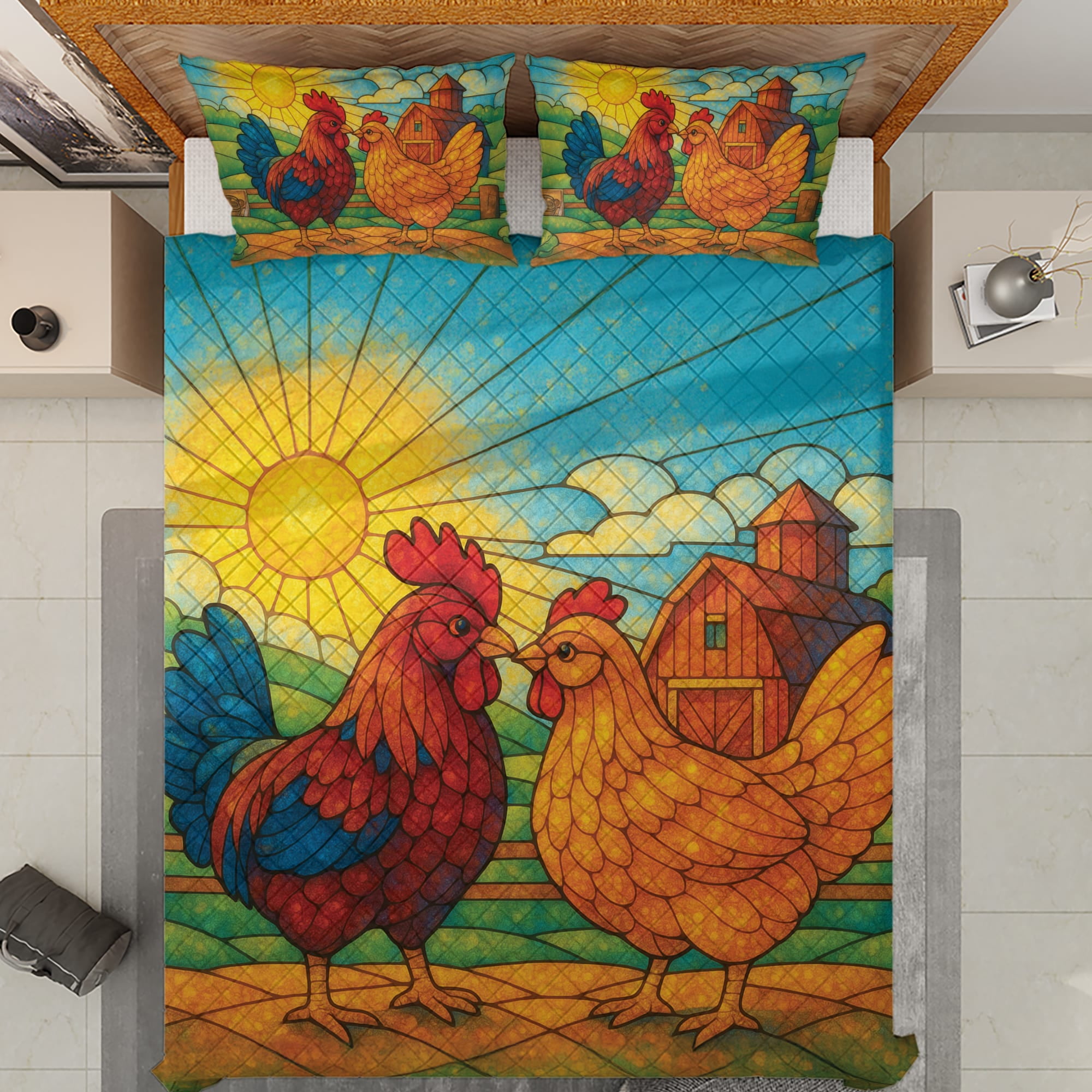 Lotusprinthandmade Couple Chicken Quilt Bedding Set (White Binding) 5 ...