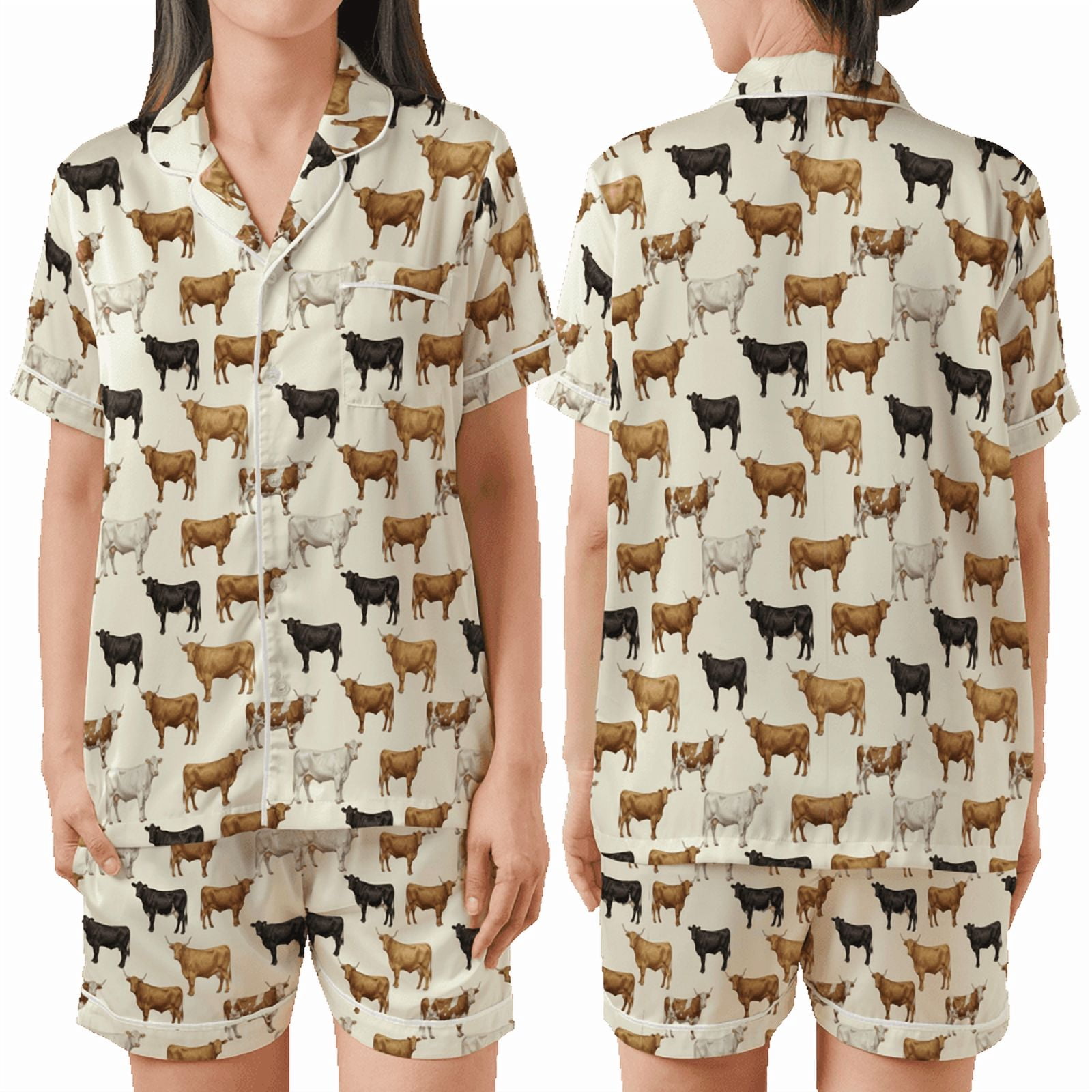 Lotusprinthandmade Cow All-over Print Satin Short-Sleeve Pajamas Set (L ...