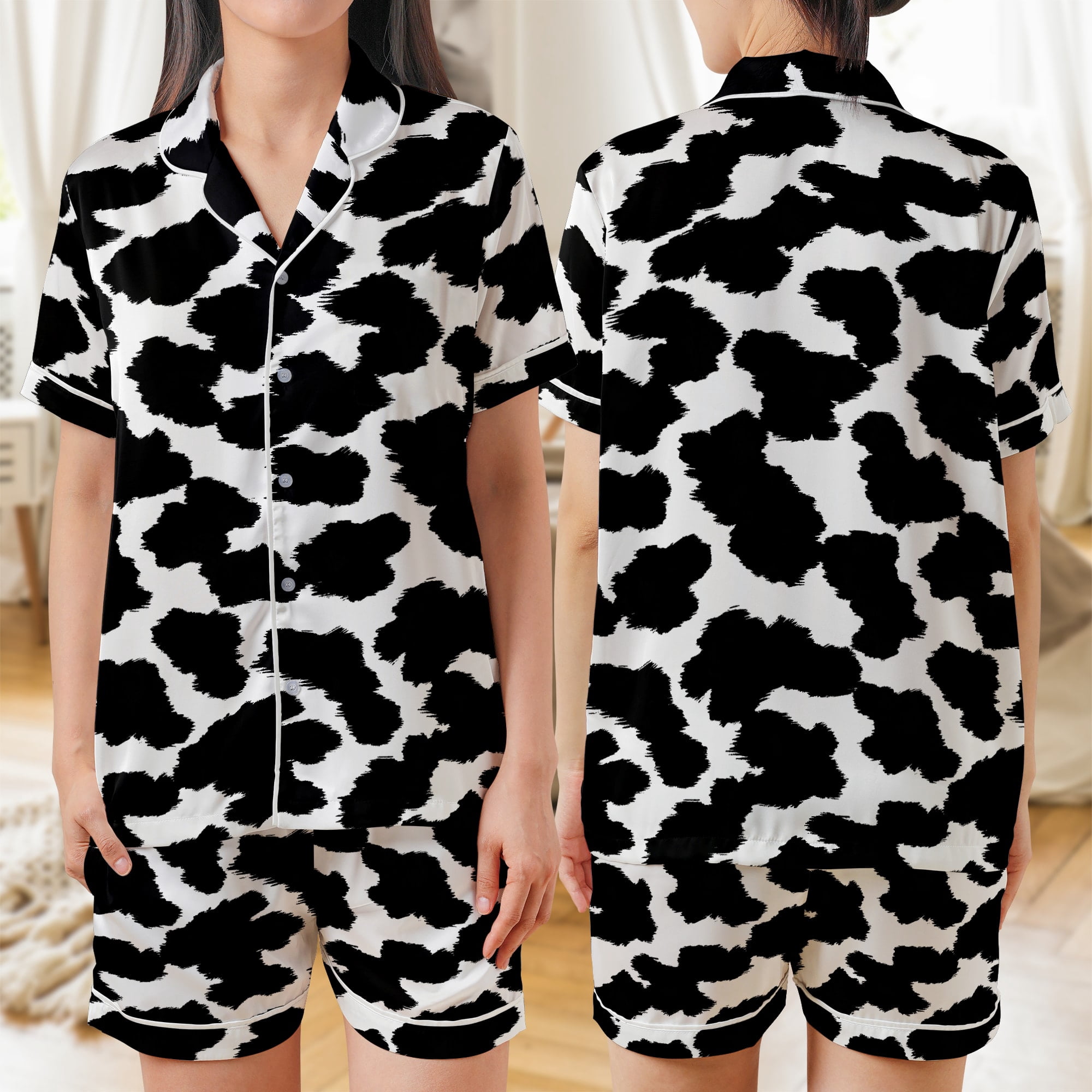 Lotusprinthandmade Cow Print All-over Print Satin Short-Sleeve Pajamas ...