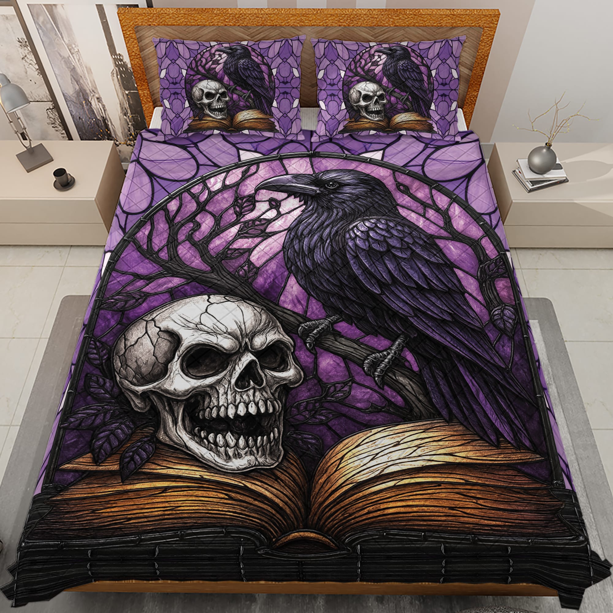 Lotusprinthandmade Crow Bird Skull and Book Quilt Bedding Set (White ...