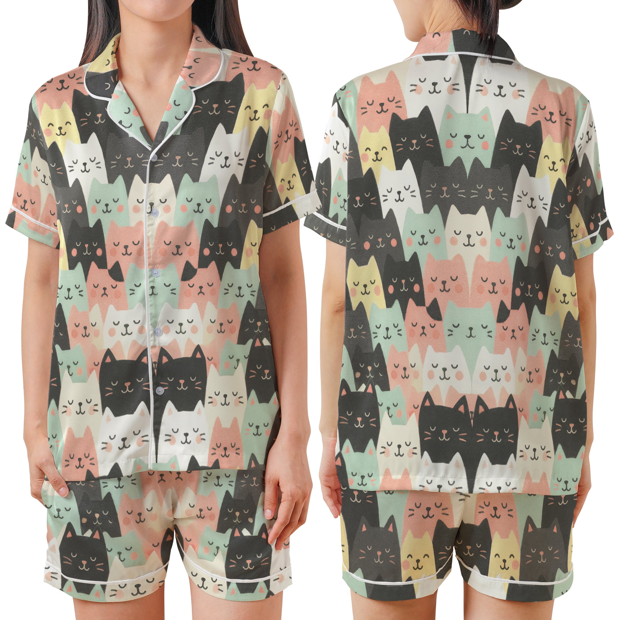 Lotusprinthandmade Cute Cats All-over Print Satin Short-Sleeve Pajamas ...