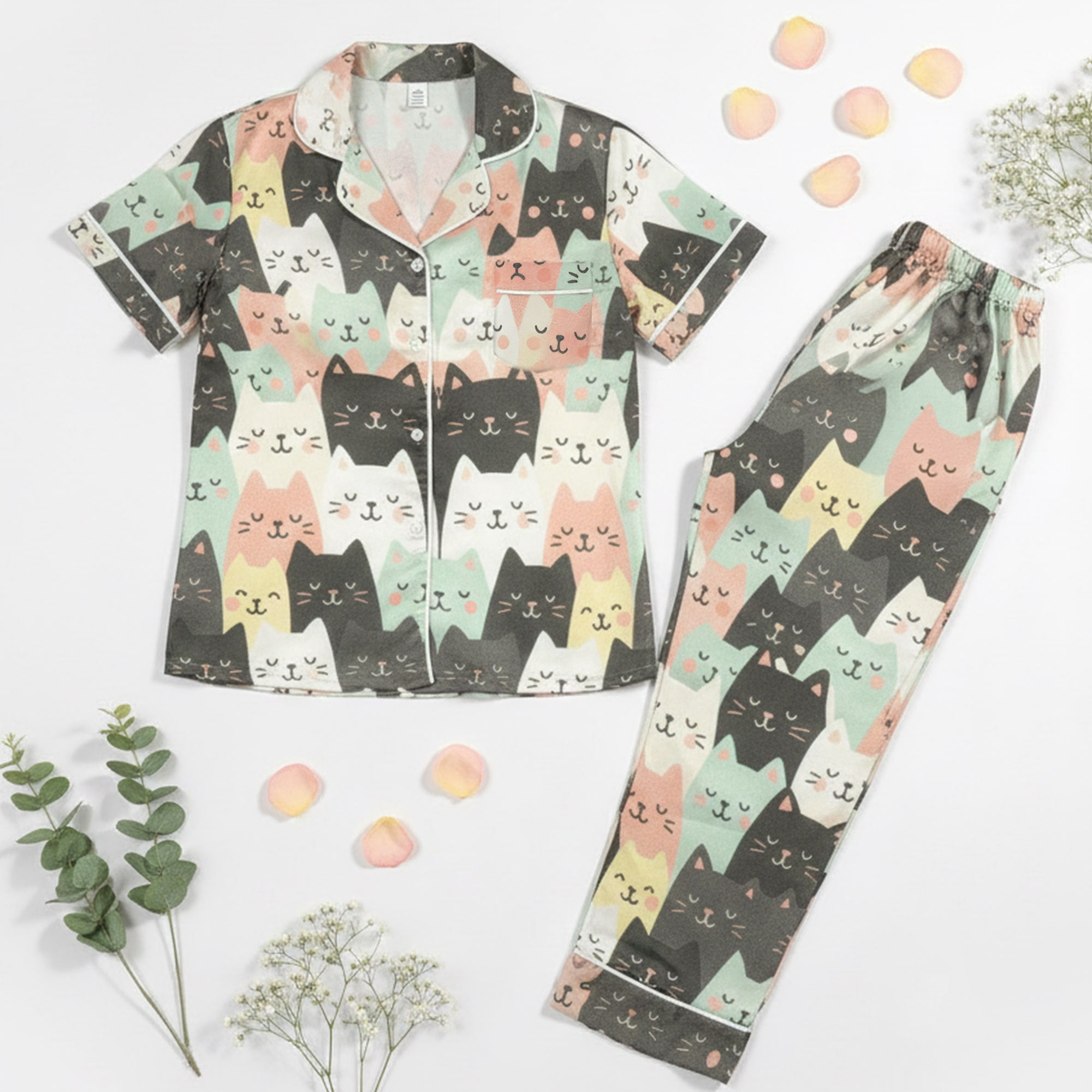 Lotusprinthandmade Cute Cats All-over Print Satin Short-Sleeve Pajamas ...