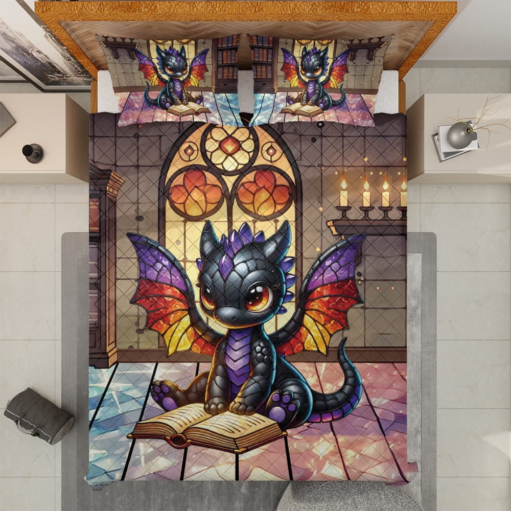 Lotusprinthandmade Cute Dragon with Book Quilt Bedding Set (White ...