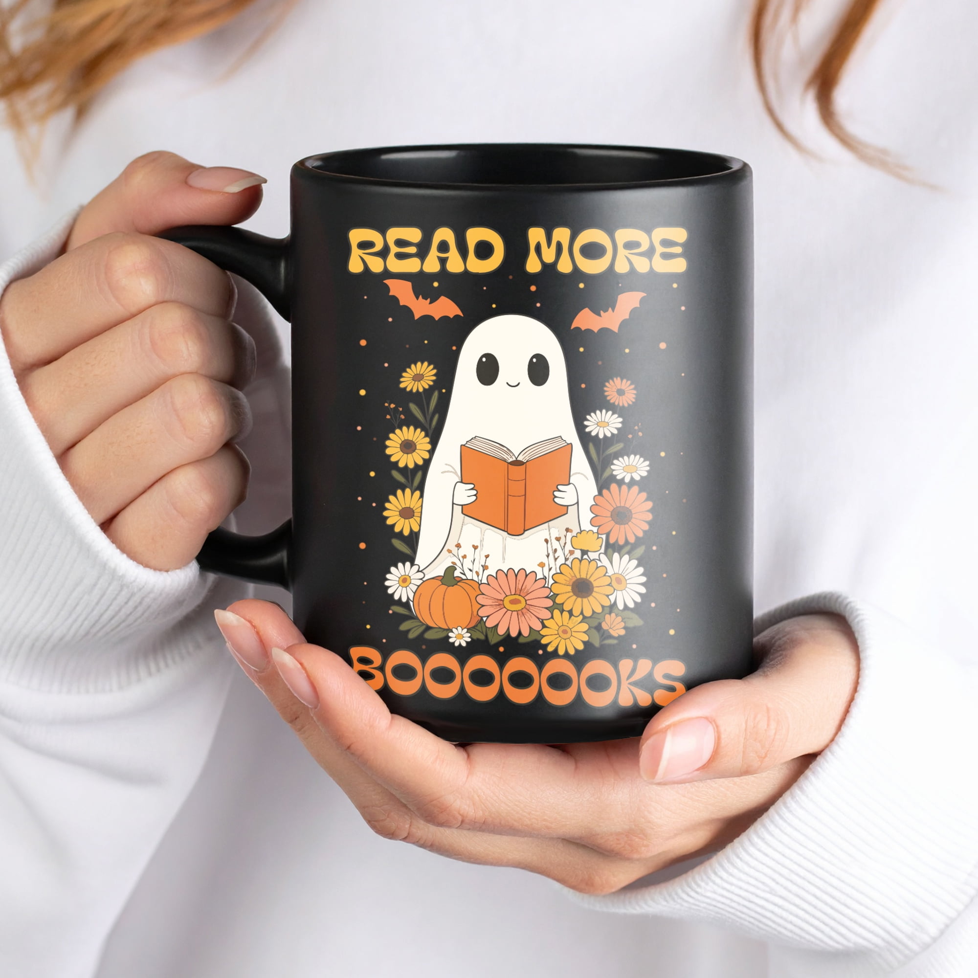 Lotusprinthandmade Cute Ghost Read Books Black Ceramic Mug (11oz) (Made ...