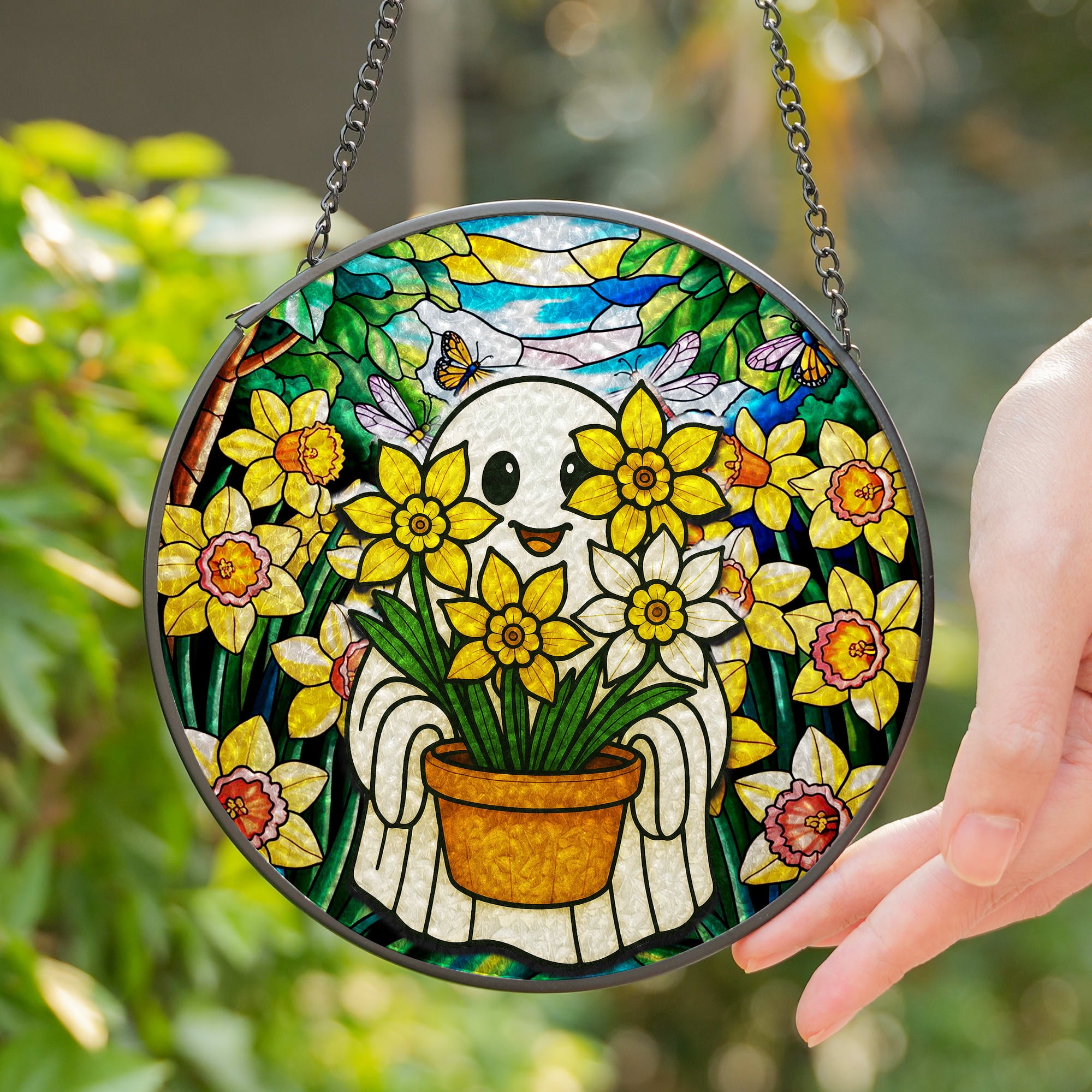 Lotusprinthandmade Cute Ghost With Flowers Stained Glass Suncatcher for ...