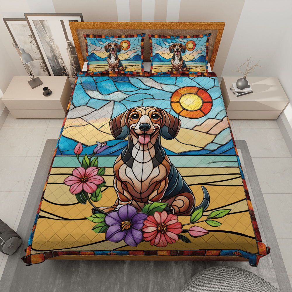 Lotusprinthandmade Dachshund Dog Pattern Quilt Bedding Set (White ...