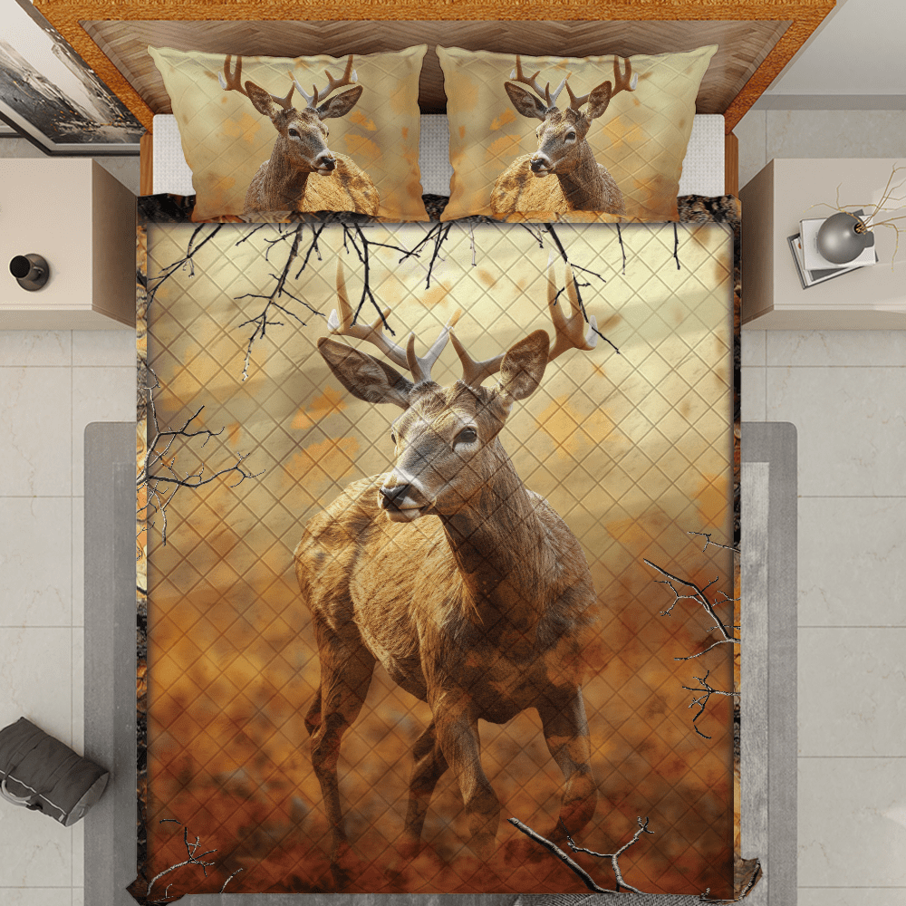 Lotusprinthandmade Deer Hunting In Forest Quilt Bedding Set (White ...
