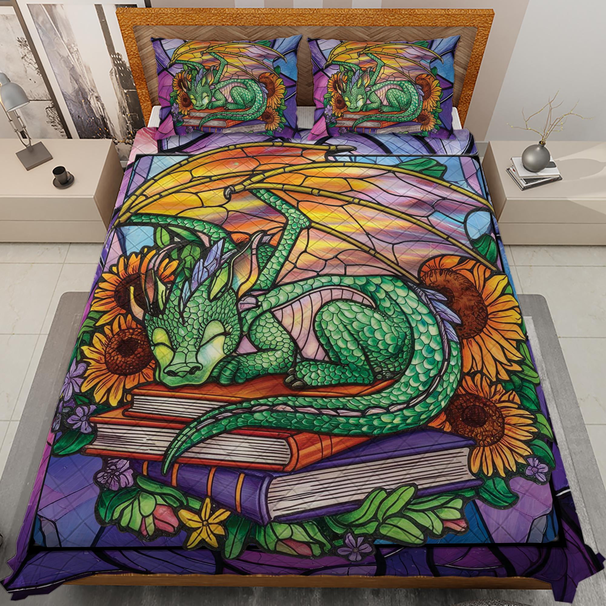 Lotusprinthandmade Dragon with Book Floral Quilt Bedding Set (White ...