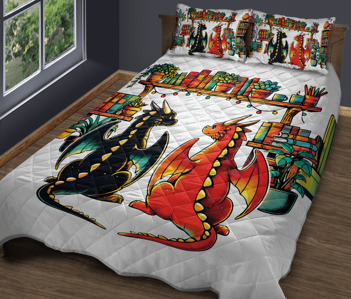 Lotusprinthandmade Dragon with Book Quilt Bedding Set (White Binding) 5 ...