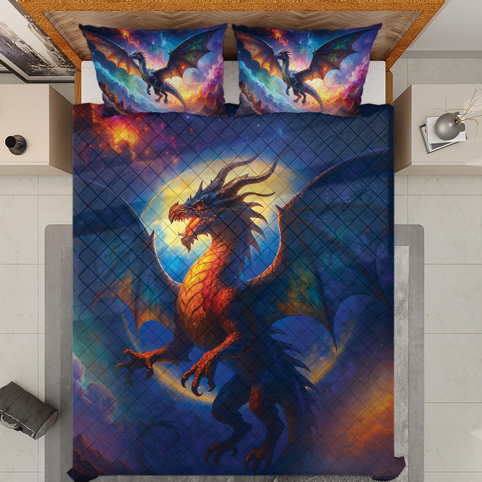 Lotusprinthandmade Dragon Lovers Graphic Quilt Bedding Set (White ...